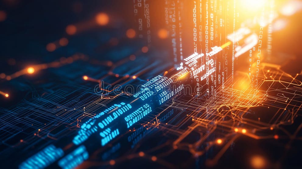 Digital Chain with Binary Code and Glowing Circuits Representing Technology and Data Flow ...