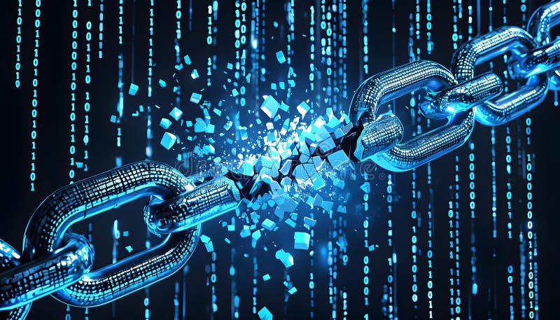 Digital Chain Breaking with Blue Binary Background, Symbolizing ...