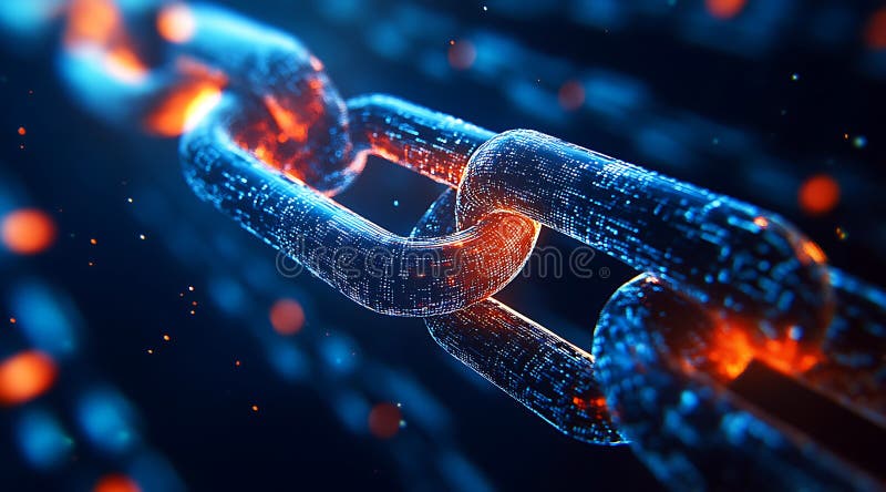 Interconnected Digital Chain Links Glow with Blue and Orange ...