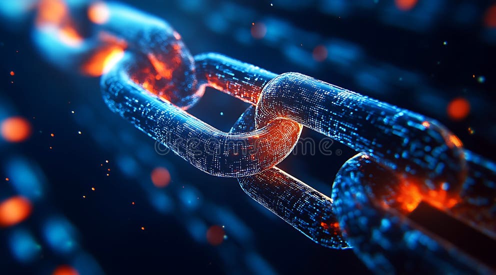 Interconnected Digital Chain Links Glow with Blue and Orange ...