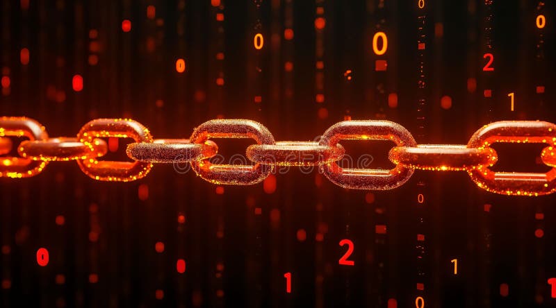 Digital Chain Link Representing Blockchain Technology Against a Backdrop of Glowing Binary Code ...