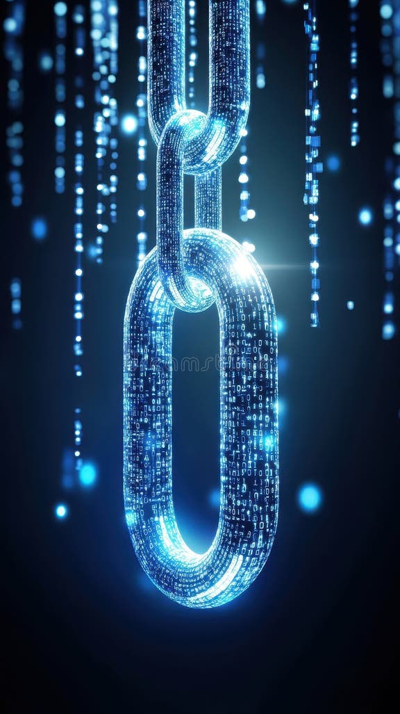 Digital Chain Links Glow with Binary Code Against a Blurred Dark ...
