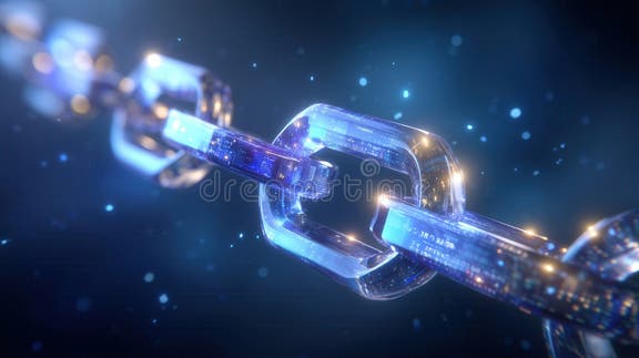 Digital Chain of Transparent Blocks Filled with Data, Set Against Dark ...