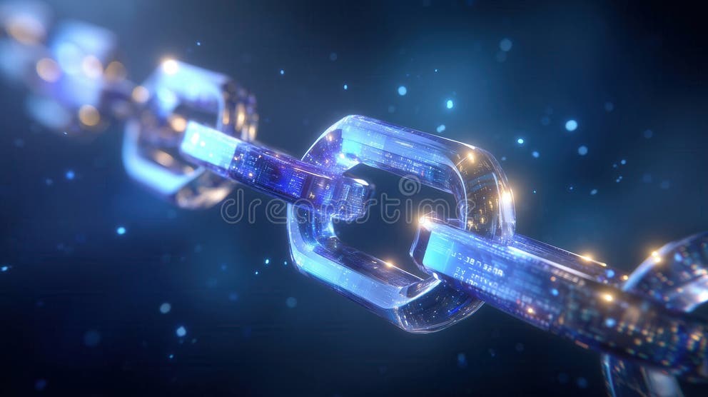 Digital Chain of Transparent Blocks Filled with Data, Set Against Dark ...