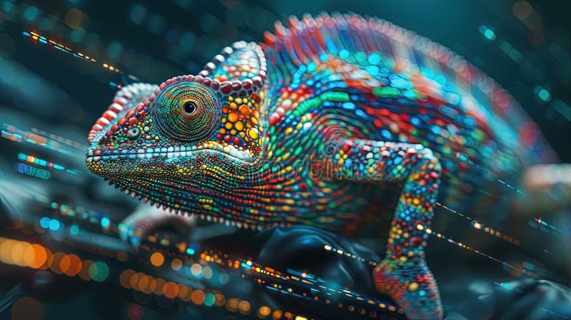 Digital Chameleon in Neon Colors. Big Data Visualization. Information ...