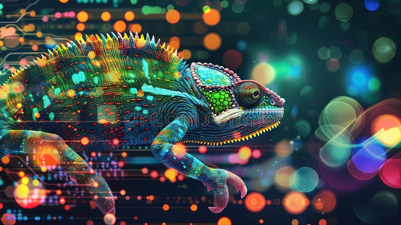 Digital Chameleon in Neon Colors. Big Data Visualization. Information ...