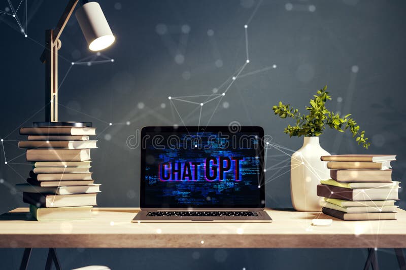 Digital Chat Gpt Text on Laptop Screen, Surrounded by Books and Network ...