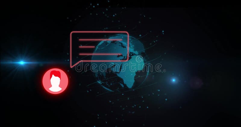 Digital Chat Icons and Network Connections on Globe, Animation on Dark ...
