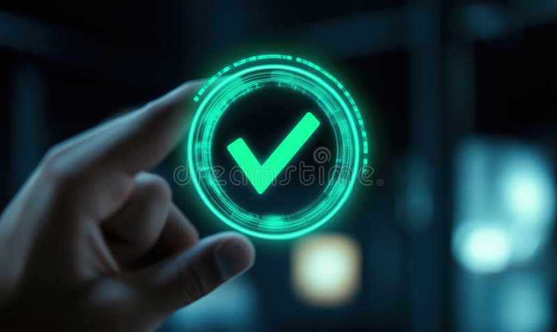 Digital Check Mark Symbol Displayed by Hand in Futuristic Interface ...