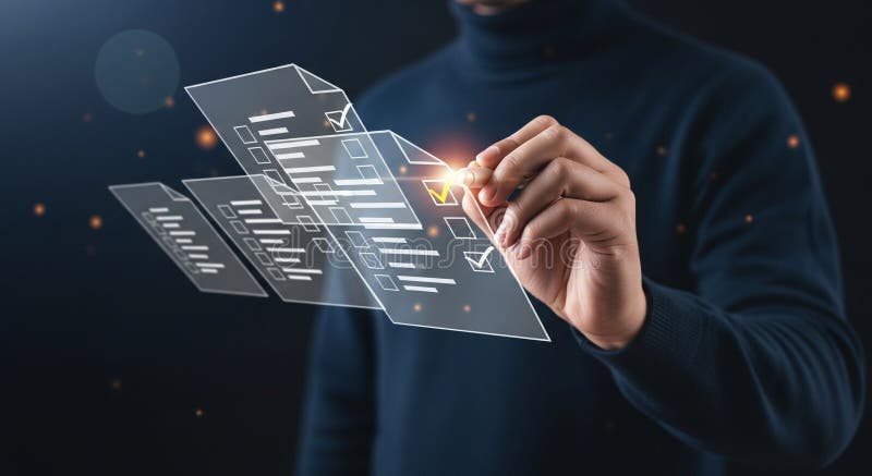 A Person Completing a Digital Checklist with a Stylus on a Transparent ...