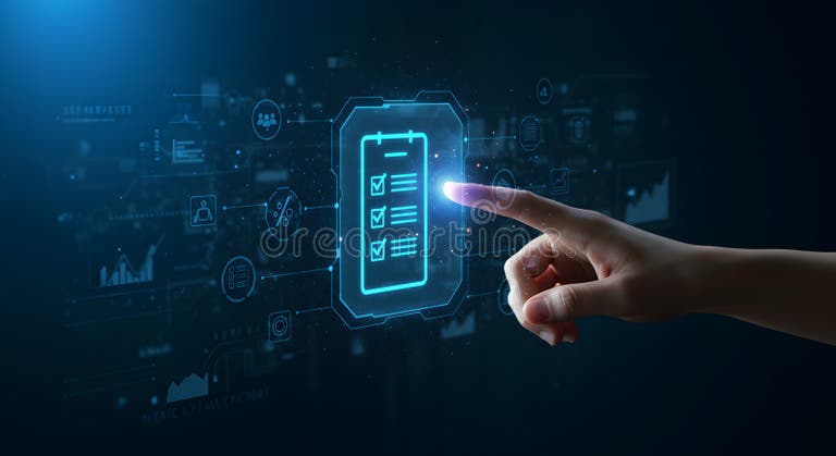 Digital Checklist Online Survey Form Concept with Hand Touching Virtual ...