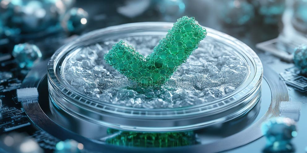 Digital Checkmark Made of Translucent Green Material Resting on Ice ...