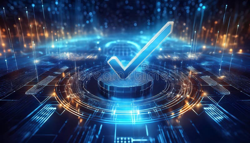 A Digital Checkmark Sits at the Center of a Network, Symbolizing ...