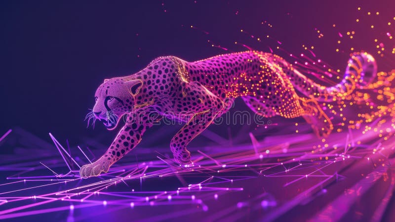 Digital Cheetah in Vibrant Motion with Neon Effects Stock Illustration ...