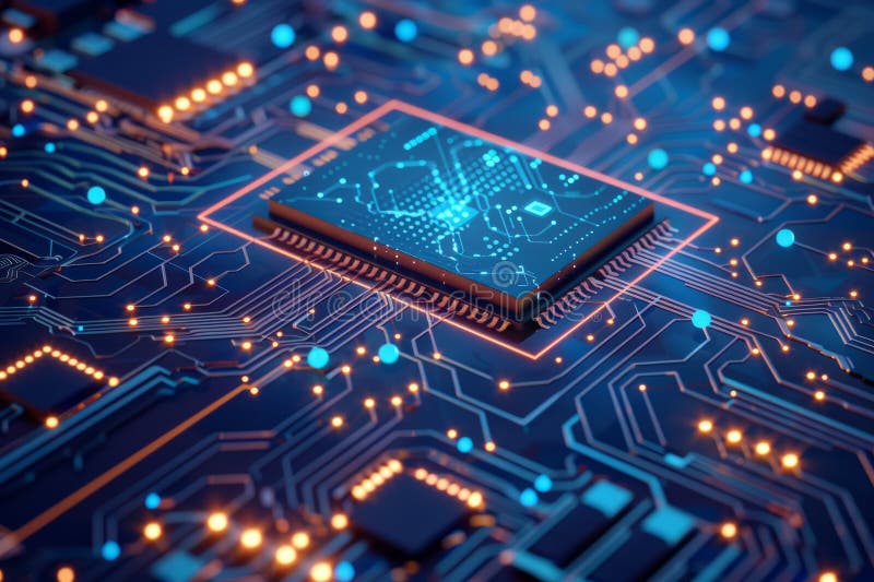 Digital Chip on Blue Technology Background in Lines, Connected Dots ...