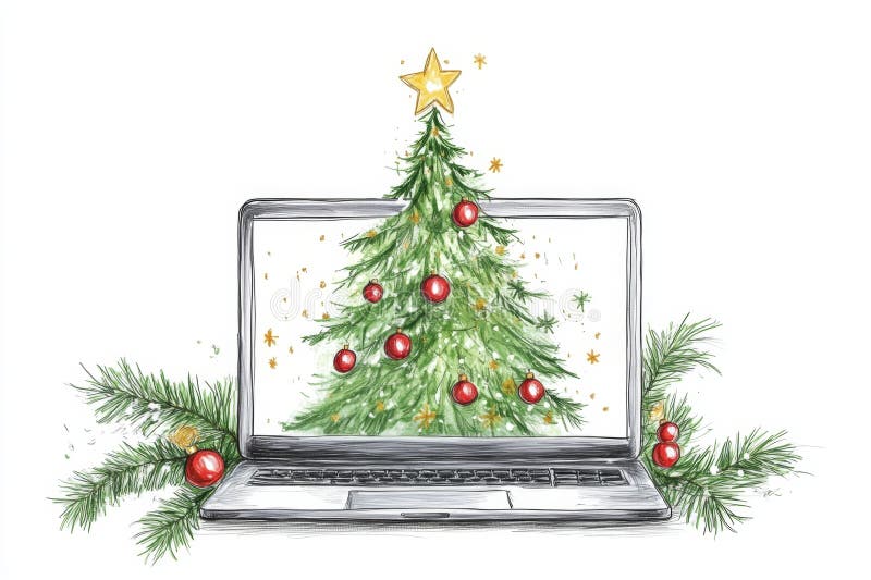 Digital Christmas Celebration with Laptop and Festive Tree Illustration ...