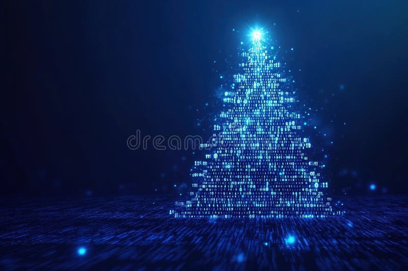 Digital Christmas Tree Glowing with Binary Code in a Dark Ambient Scene Stock Photo - Image of ...