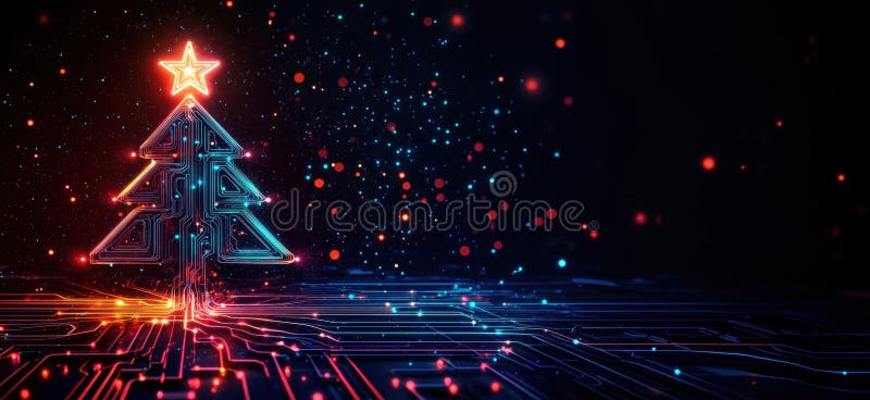 Digital Christmas Tree with Glowing Circuits and Star, Festive Lights ...