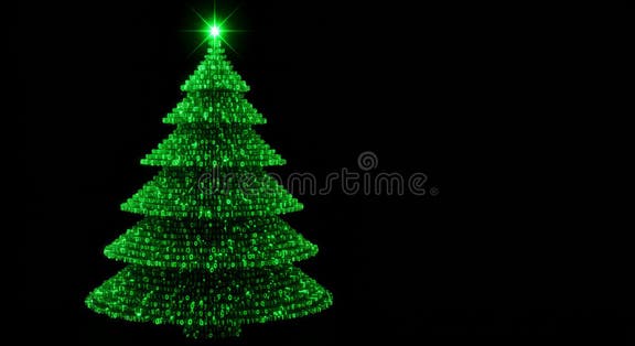 Digital Christmas Tree Made of Glowing Green Binary Code Characters ...
