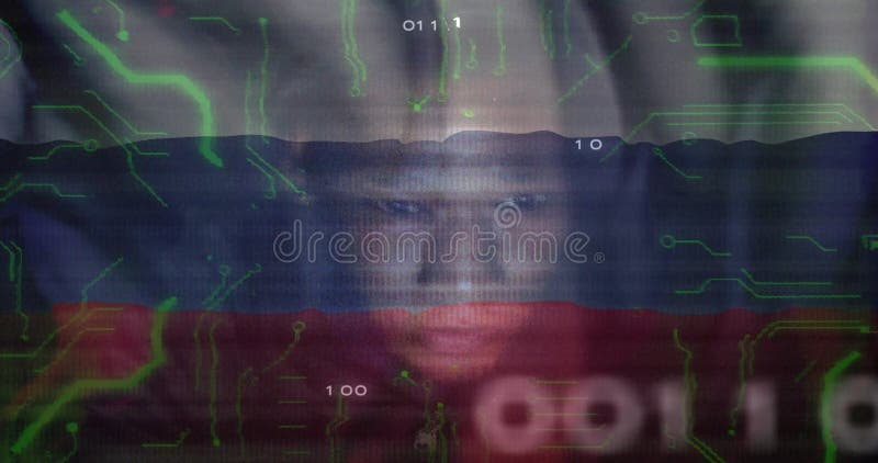 Digital Circuit Animation Over Focused Person with Russian Flag and ...