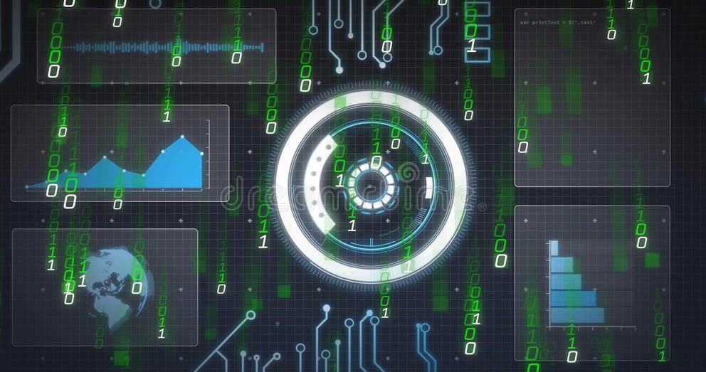 Digital Circuit Board and Binary Code Image Over Futuristic Interface Stock Illustration ...