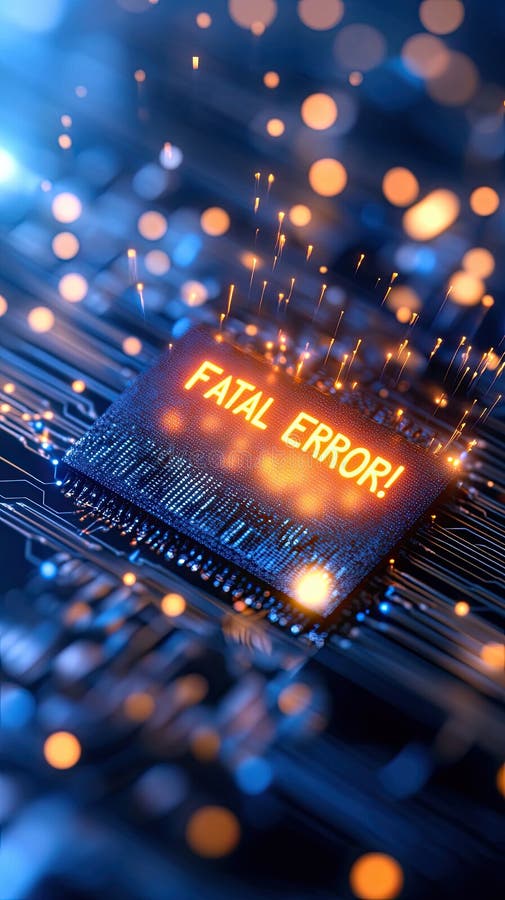 Digital Circuit Board Displaying a Fatal Error Message with Sparks and ...