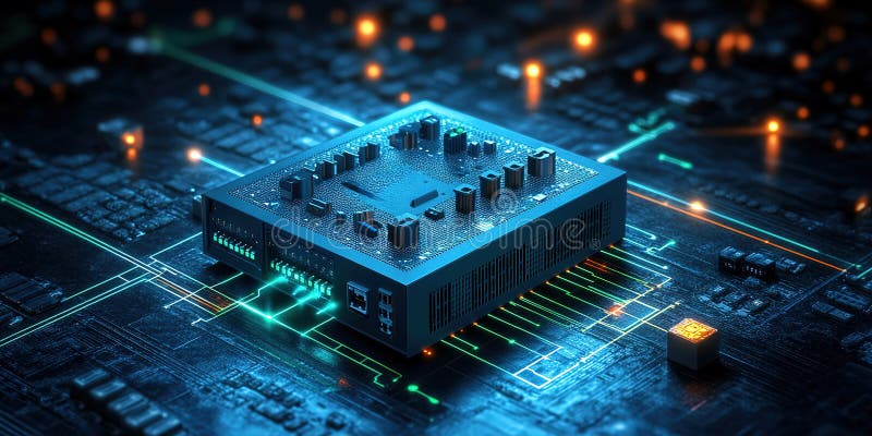 Digital Circuit Board Featuring a Central Processor at Night with ...