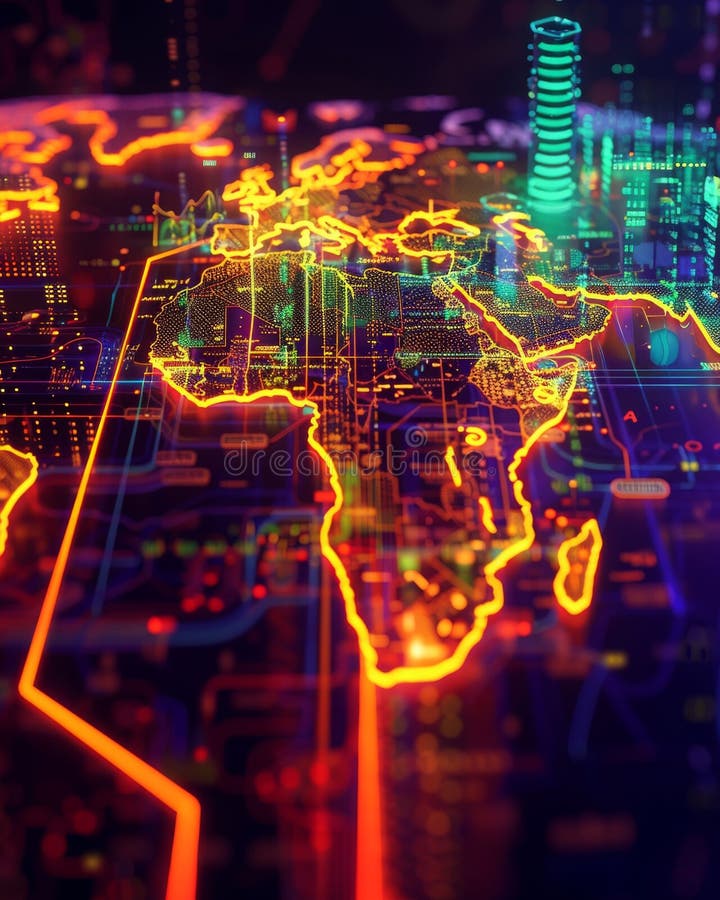 Digital Circuit Board with Illuminated Continent Map Overlay Stock ...