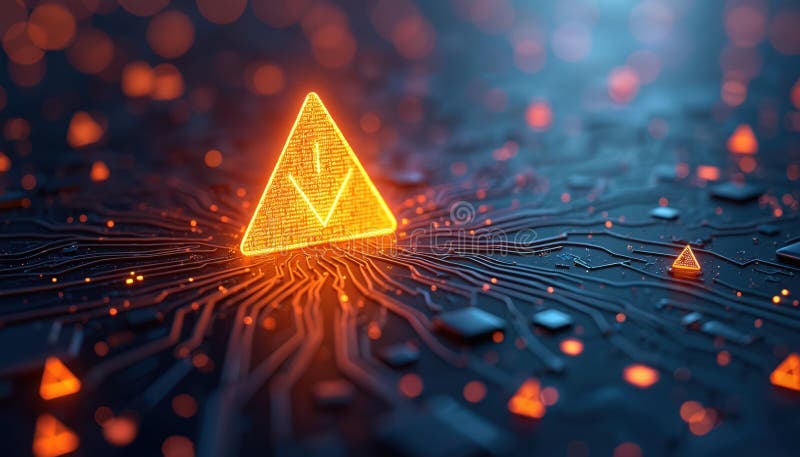 Digital Circuit Board Illustration Shows Warning Sign. Orange Triangle ...