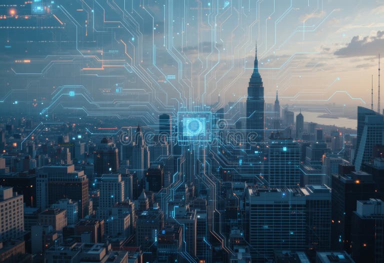 Digital Circuit Board Overlay on a Cityscape. Stock Photo - Image of ...