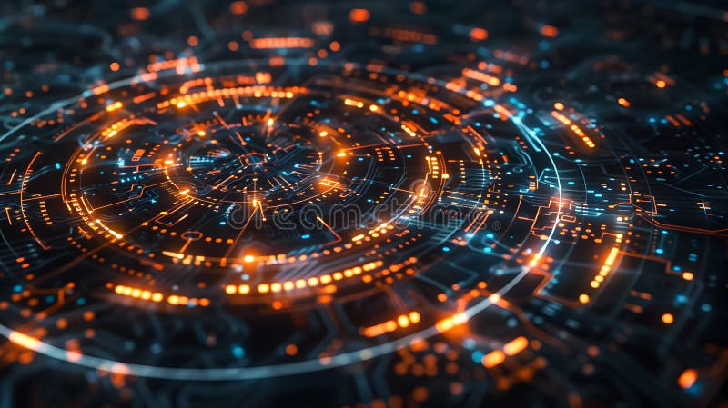 Digital Circuit Design Featuring Vibrant Orange and Blue Lights on a ...