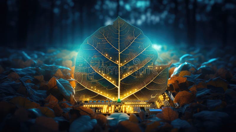 Digital circuit leaf stock illustration. Illustration of neon - 369733652