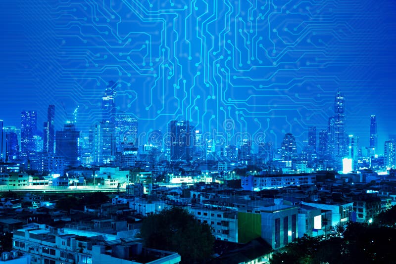 Digital Circuit Line on Blue Night City Background Stock Image - Image ...
