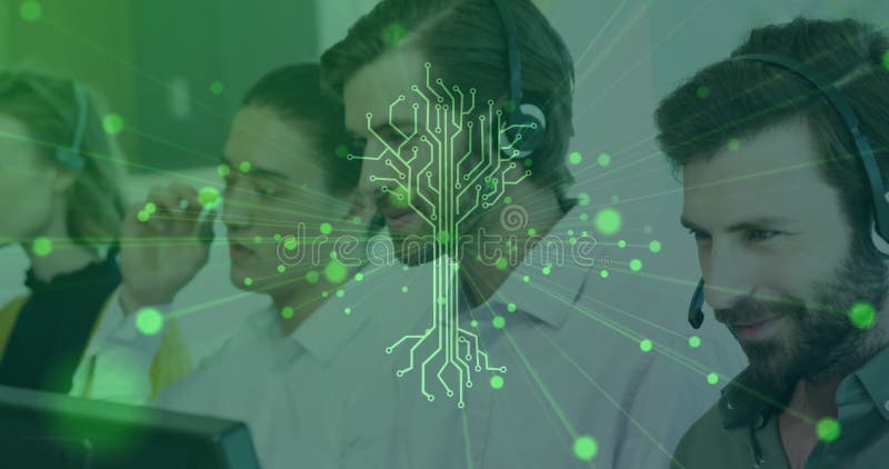 Digital Circuit Overlay Animation with Customer Service Team Working in ...