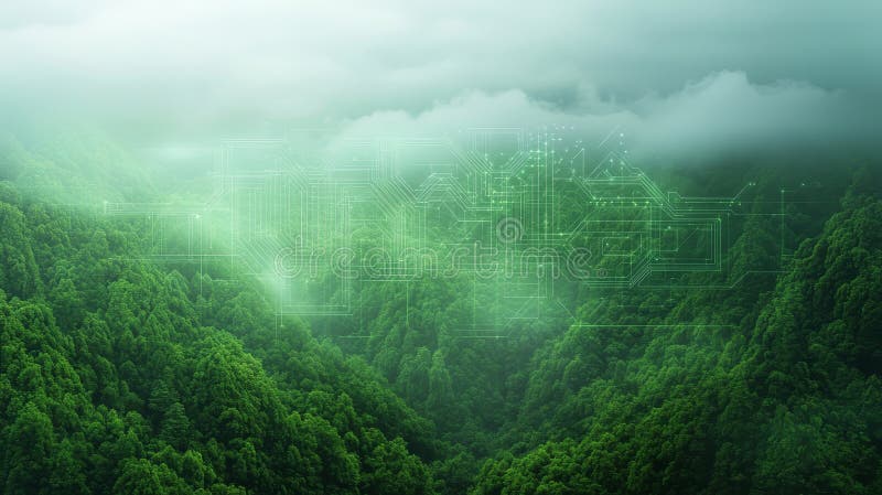 Digital Circuit Overlay on Lush Forest Stock Image - Image of modern ...