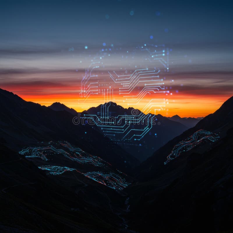 Digital Circuit Overlay on Sunset Mountain Landscape Stock Illustration ...
