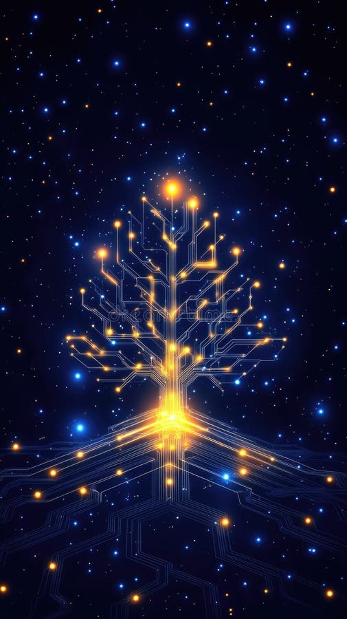 Digital Circuit Tree in Starry Night Sky Representing Technology and ...