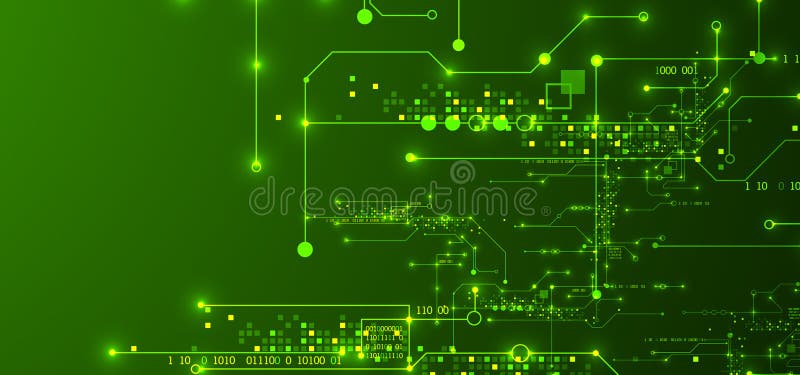 Digital Circuit Visualization Vector Background. Green Board Pattern with Interconnected Lines ...