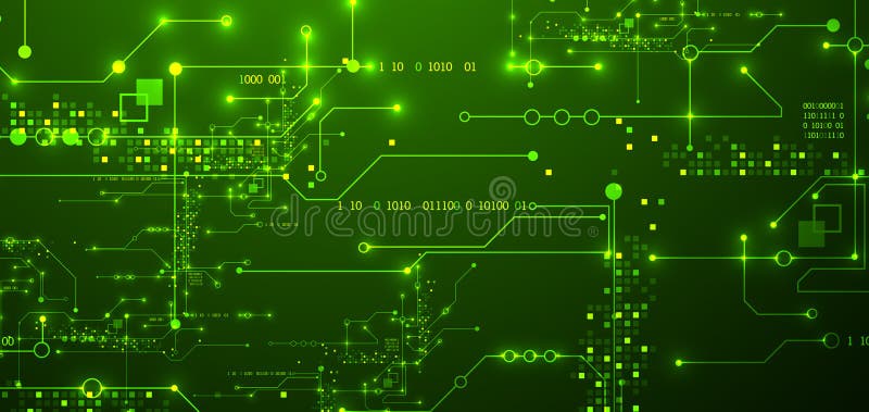 Digital Circuit Visualization Vector Background. Green Board Pattern with Interconnected Lines ...