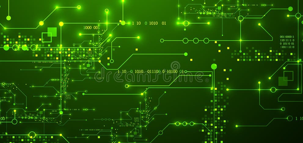 Digital Circuit Visualization Vector Background. Green Board Pattern with Interconnected Lines ...