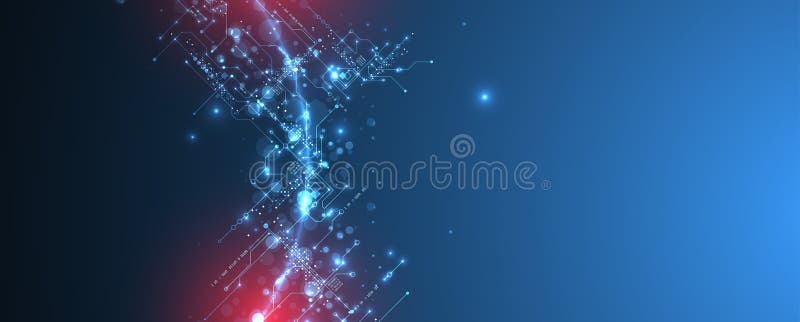 Digital Circuit Visualization Vector Background. Neon Glowing Board Pattern with Interconnected ...