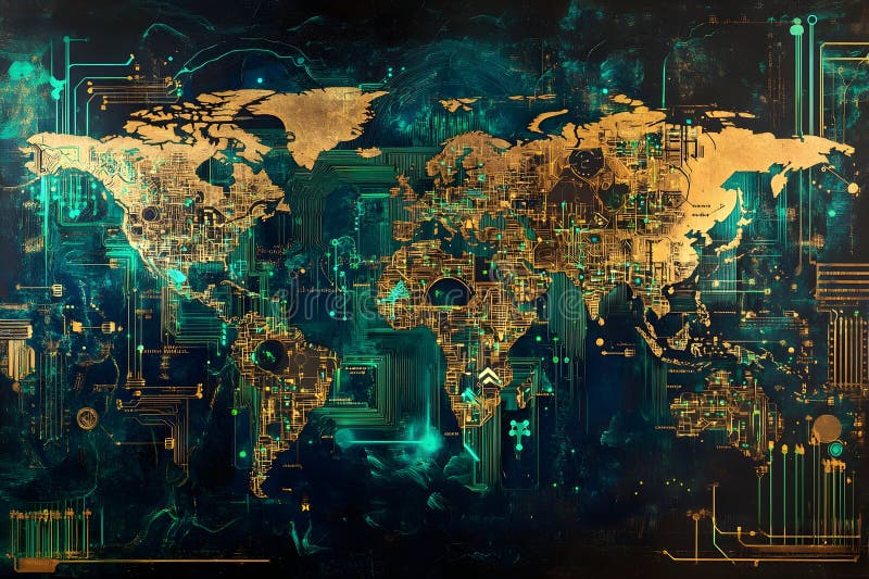 Digital Circuit World Map with Abstract Gold Accents Stock Photo ...