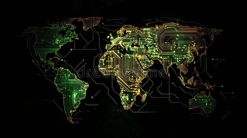 Digital Circuit World Map on Black Background Stock Photo - Image of ...