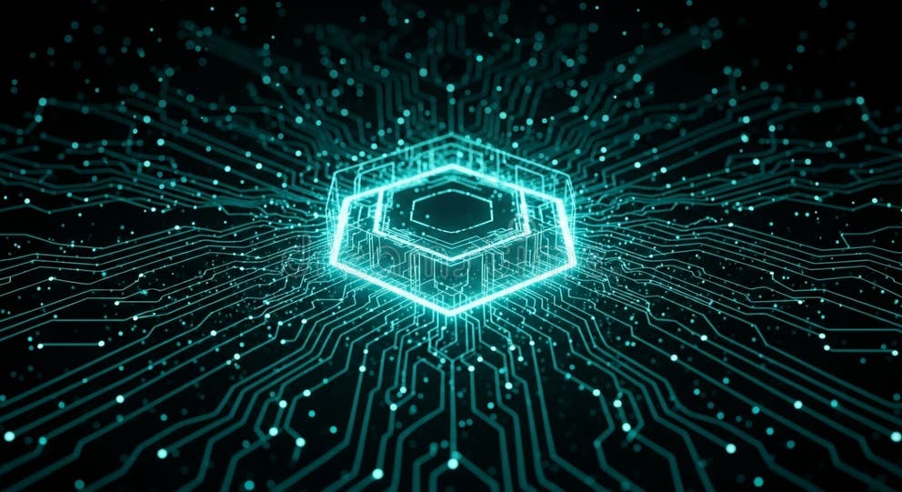 Digital Circuitry Network with Glowing Hexagonal Core and Flowing Data ...