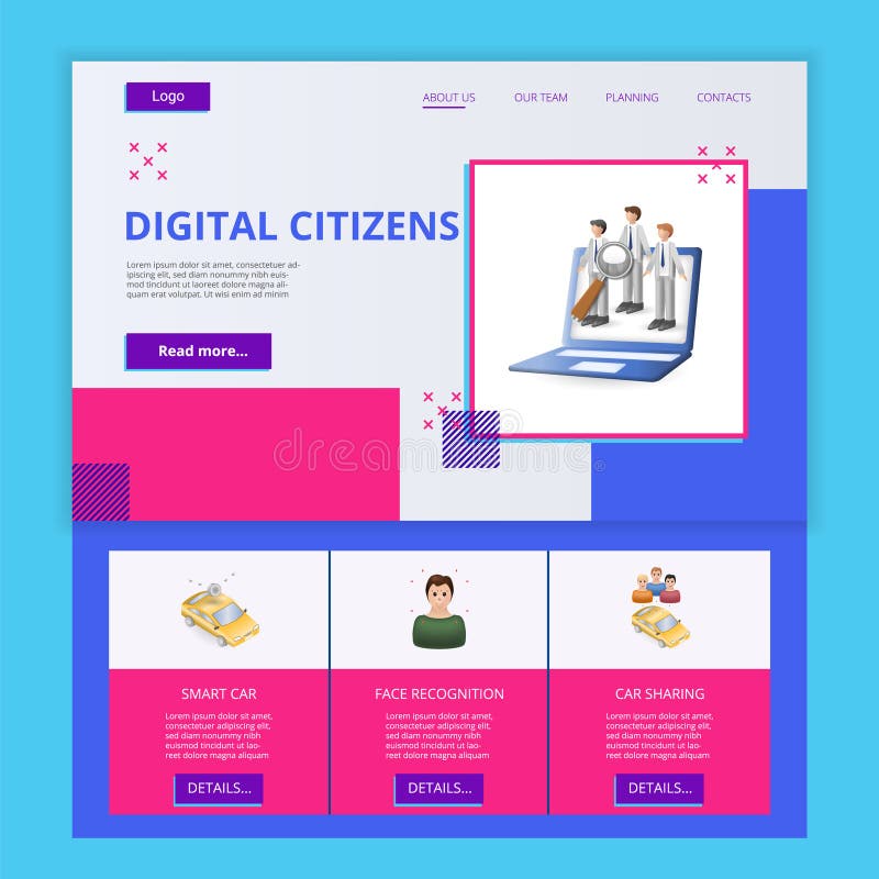 Digital Citizens Flat Landing Page Website Template. Smart Car, Face ...