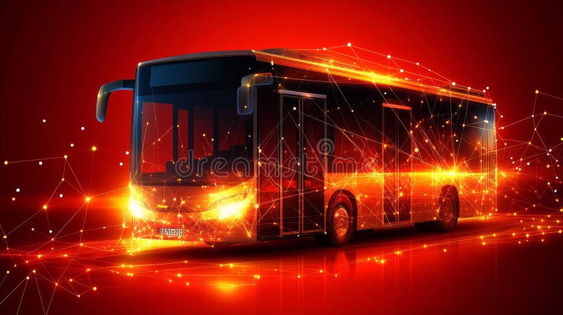 Digital City Bus with Connected Dots, Lines and Triangles on Red ...