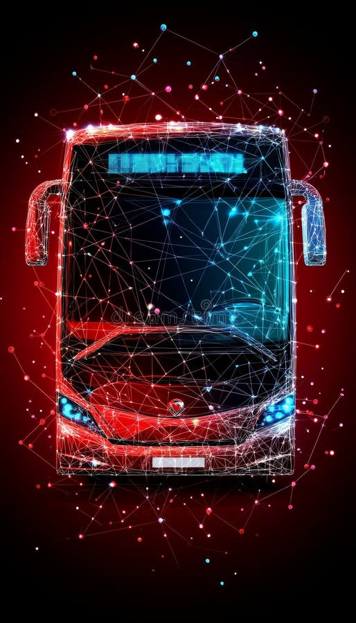 Digital City Bus on Red Technology Background with Connected Lines ...