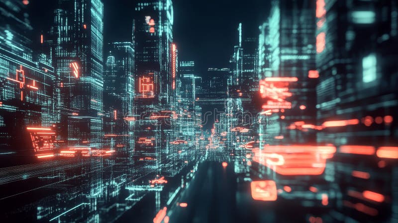 A Digital City with Glowing Neon Lights and Data Streams Symbolizing ...