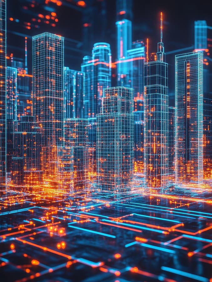 A Digital City Skyline with Glowing Neon Lights Representing Concepts ...