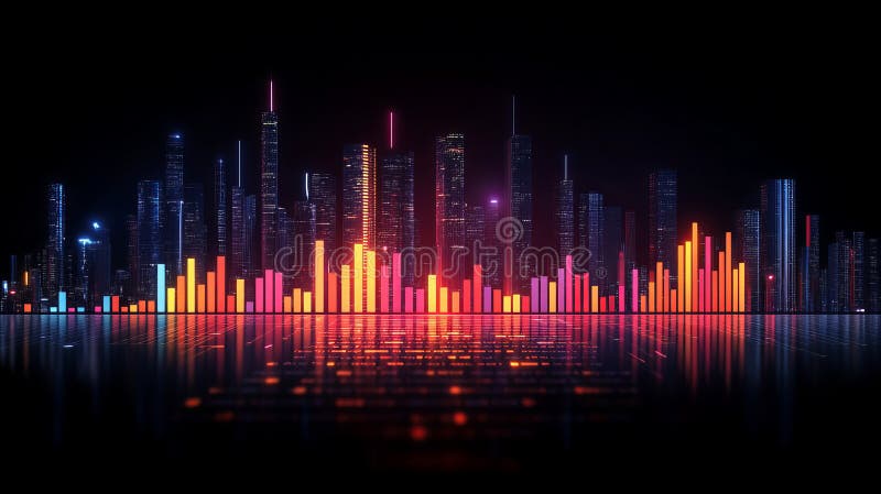 Digital City Skyline with Vibrant Sound Wave Visualization Reflecting ...